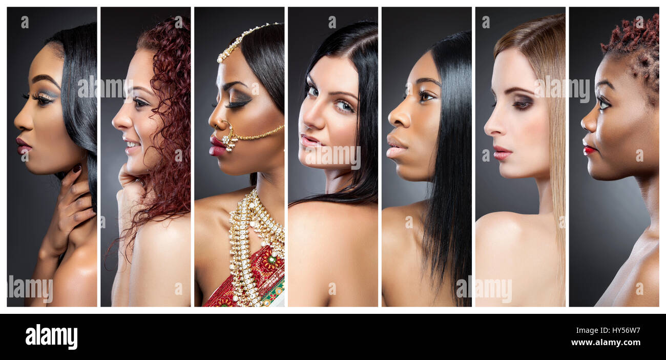 Profile view collage of multiple beautiful women with various skin ...