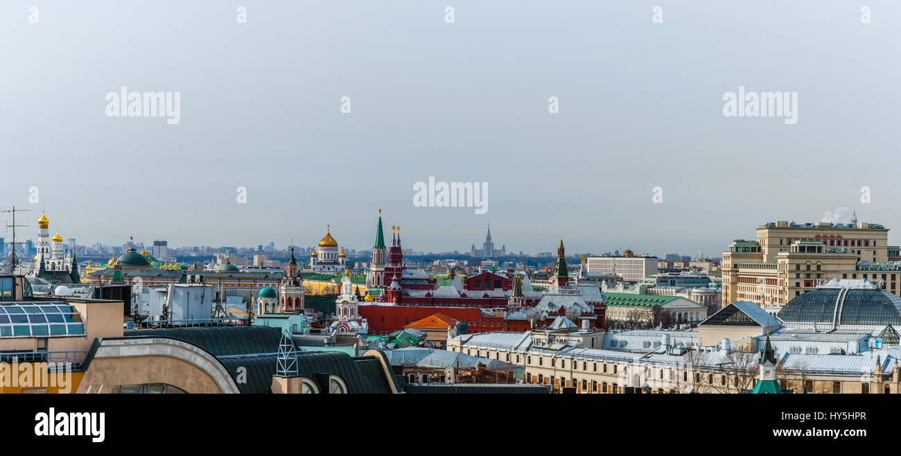 Panoramic birds eye view of Moscow city center. The Kremlin towers and ...