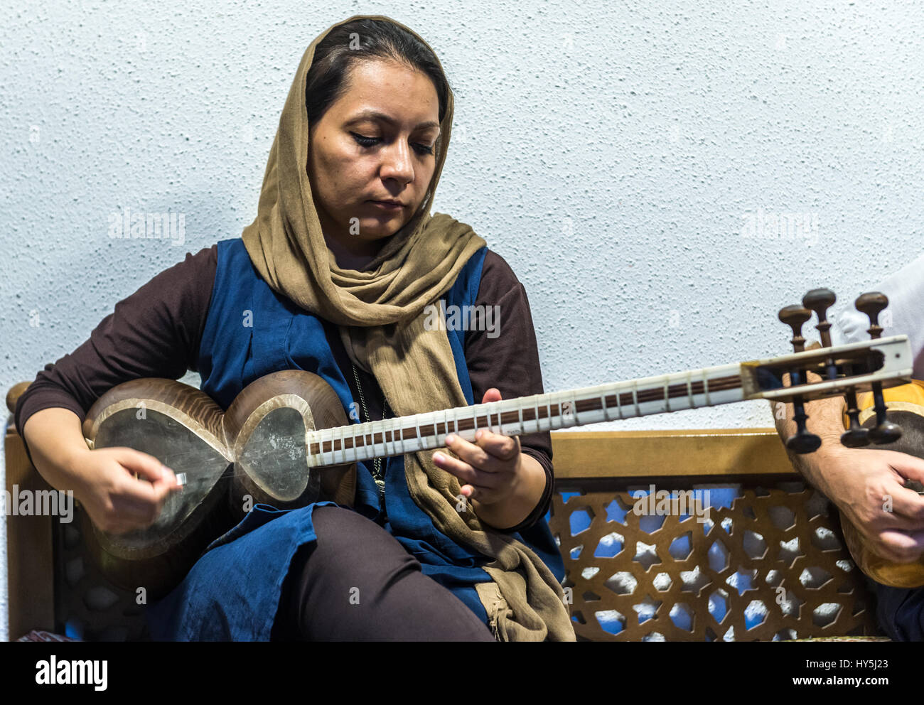 Woman playing on Tar instrument during performance for visitors in ...