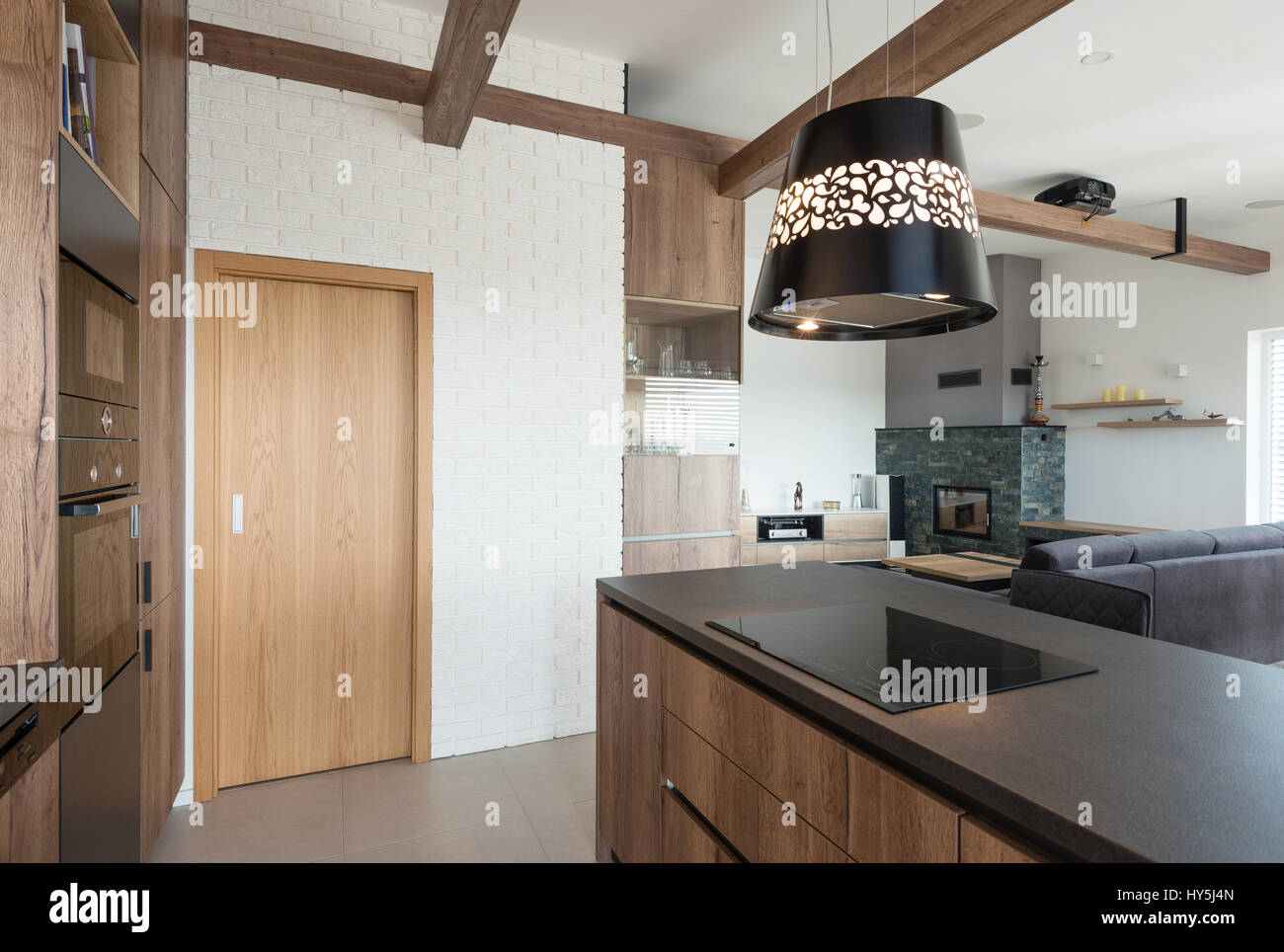 interior of modern house - large open space connecting kitchen with ...