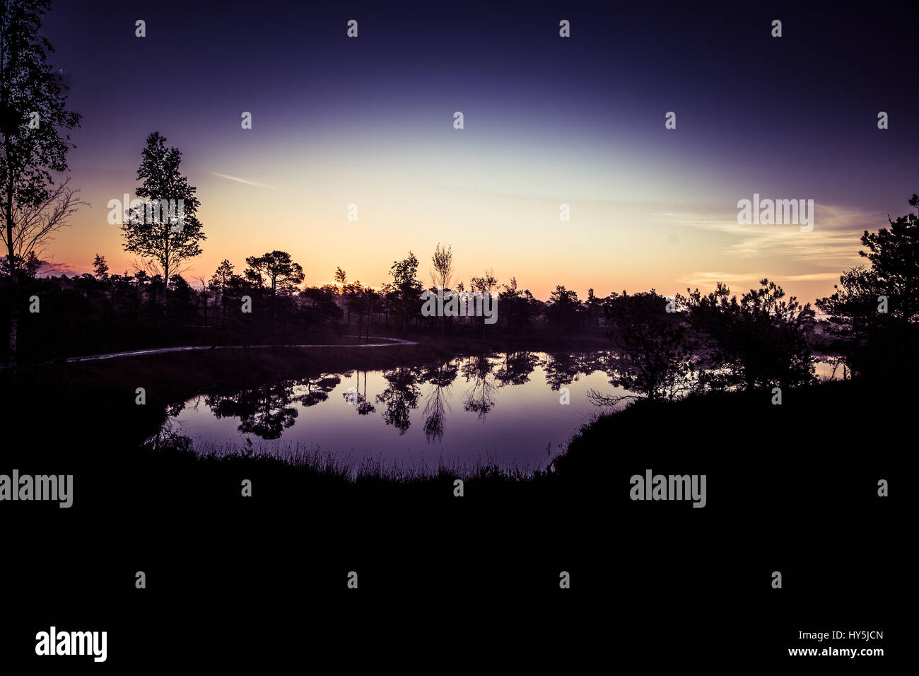 A beautiful, artistic, colorful morning landscape of a North European ...