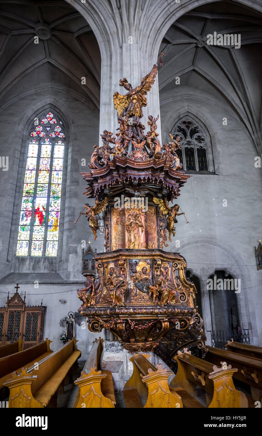 Wooden pulpit in Gothic-style Roman Catholic church of Saint Michael ...