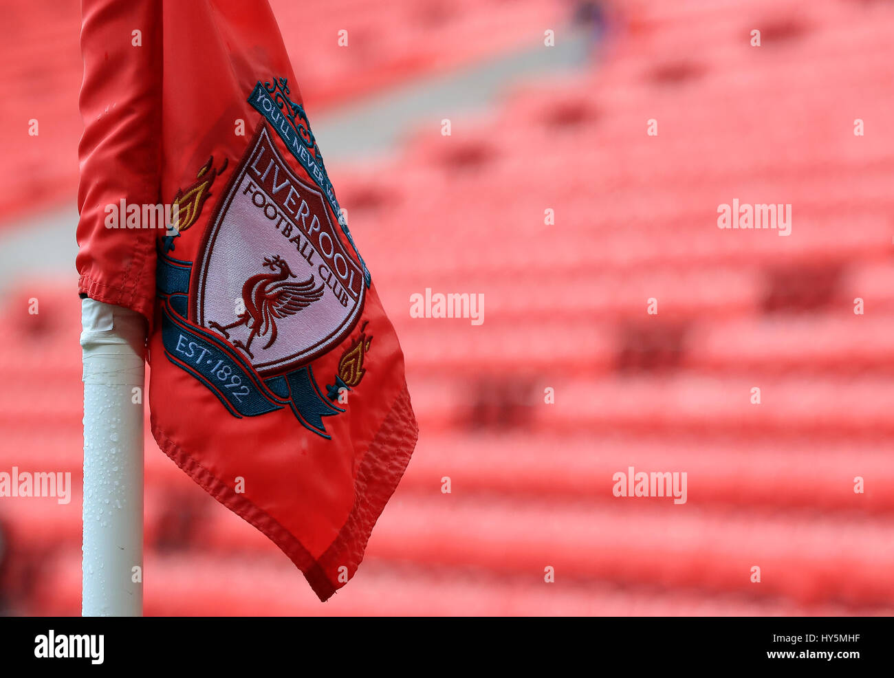 A view of a Liverpool corner flag before the Premier League match at ...