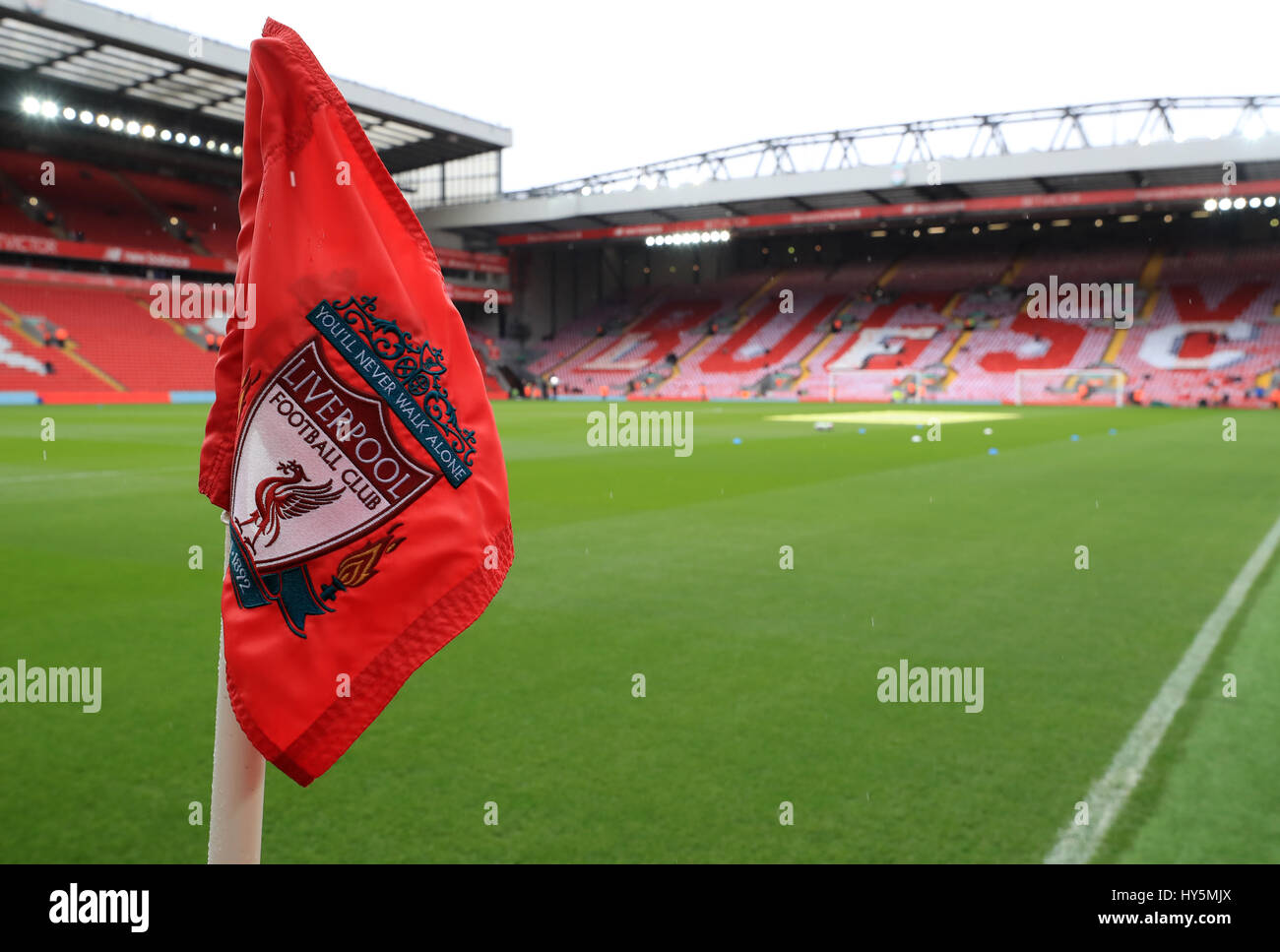 A view of a Liverpool corner flag before the Premier League match at ...