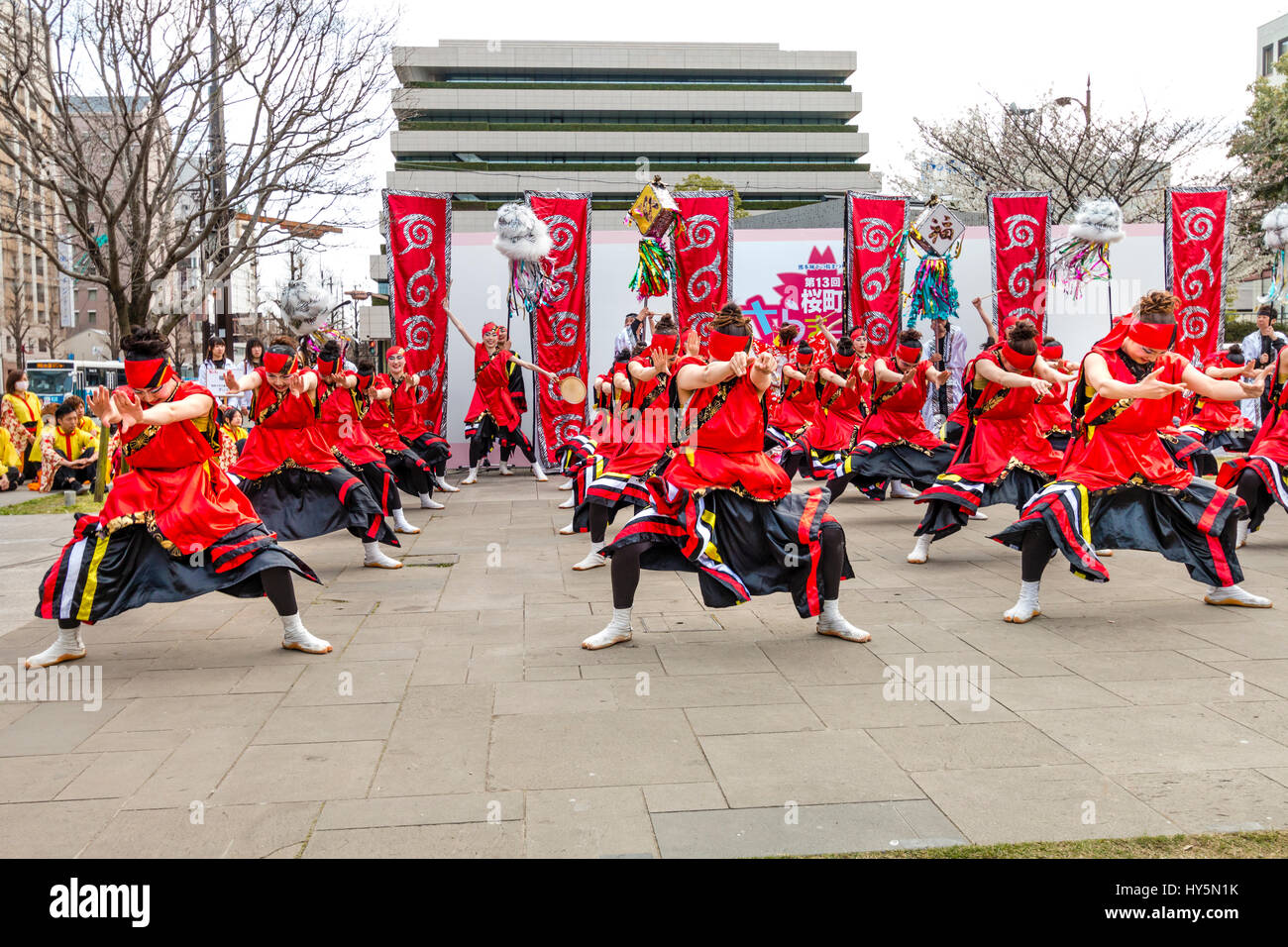 Yosakoi dance festival in Japan. Team of young women dancing in front ...