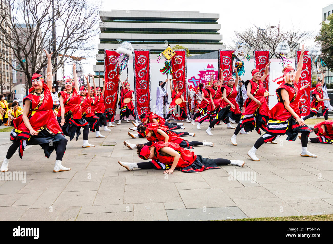 Yosakoi dance festival in Japan. Team of young women dancing in front ...