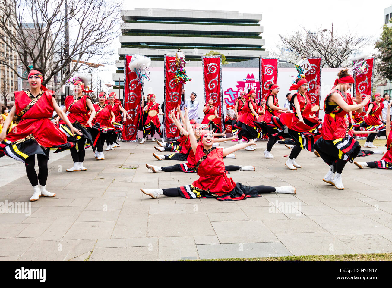 Yosakoi dance festival in Japan. Team of young women dancing in front ...