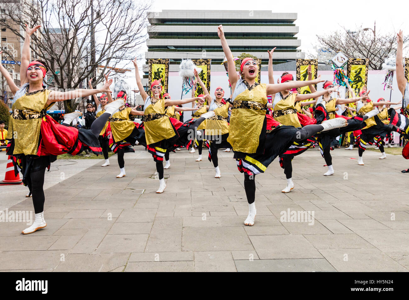 Yosakoi dance festival. Team of young women dancers, dancing and ...