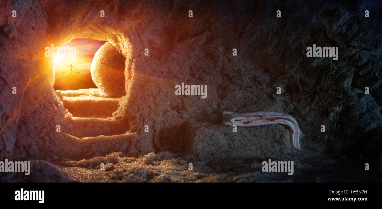Tomb Empty With Shroud And Crucifixion At Sunrise - Resurrection Of ...