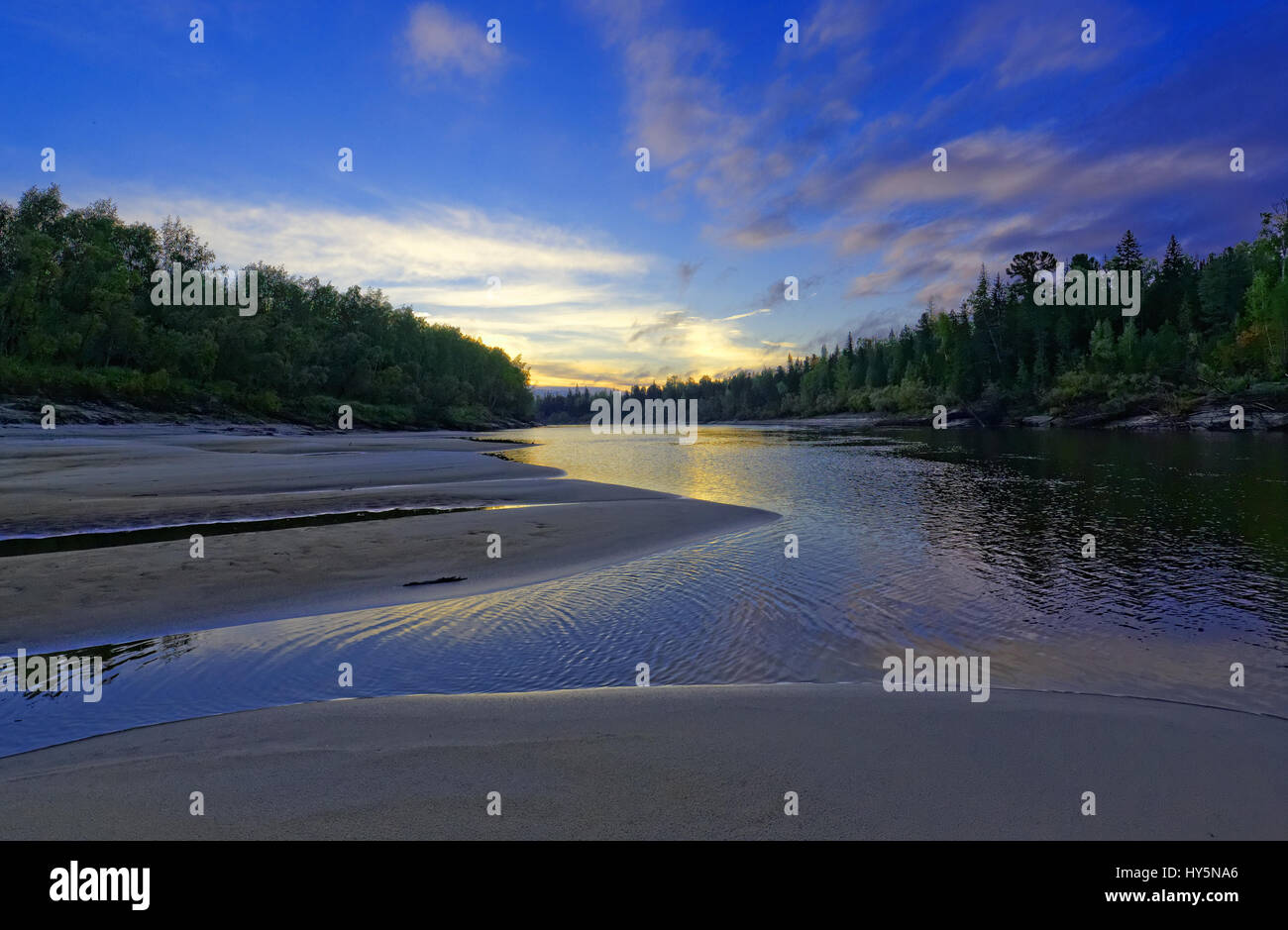 Sunset, evening. Beach taiga river Big Yugan Stock Photo - Alamy