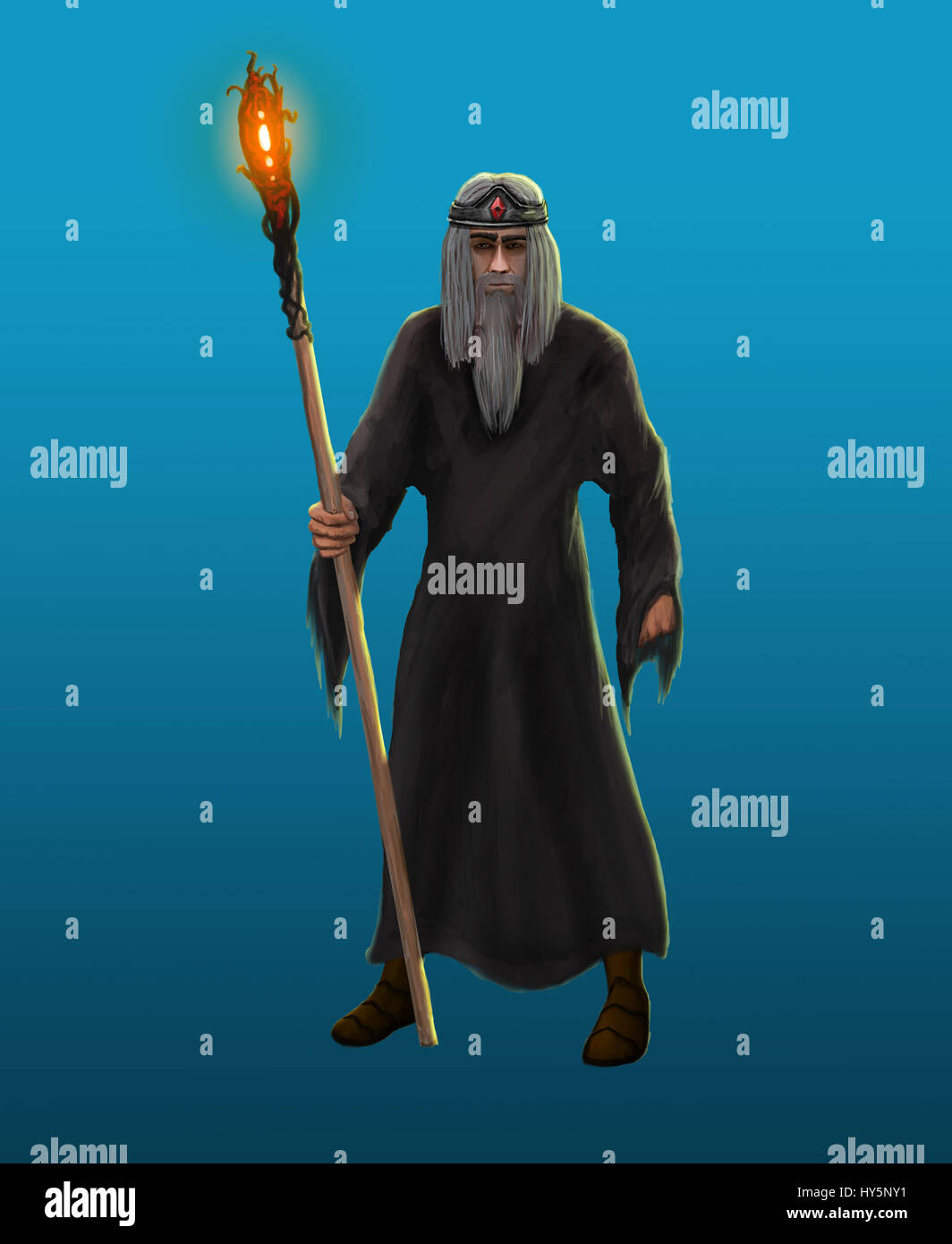 An old gray-haired sorcerer with a beard and a staff Stock Photo - Alamy
