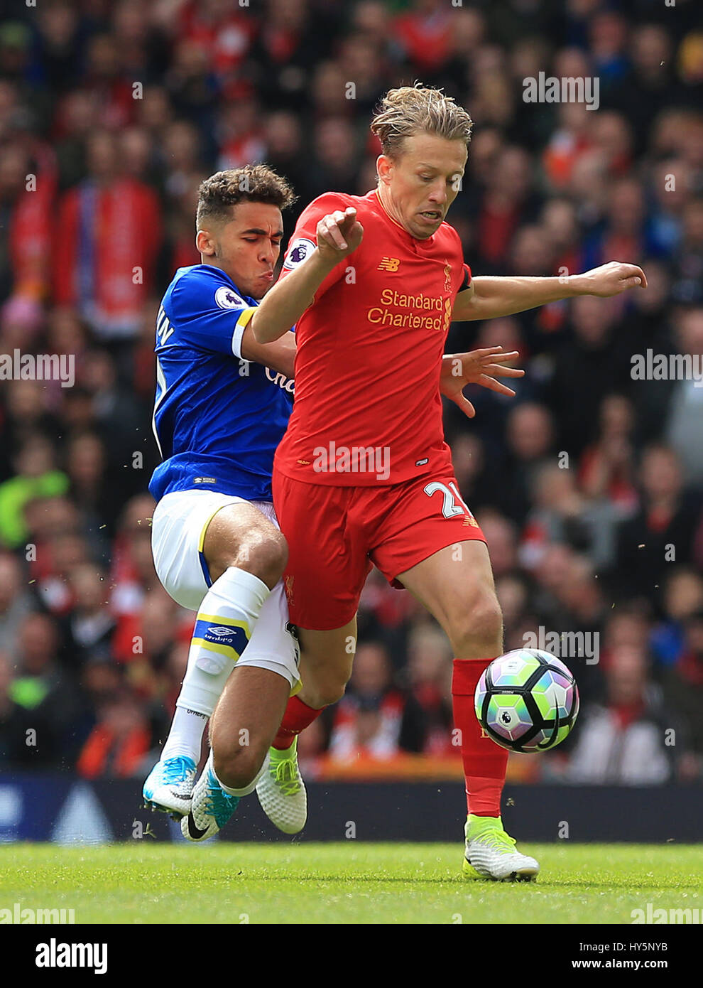 Everton's Dominic Calvert-Lewin (left) challenges Liverpool's Lucas ...