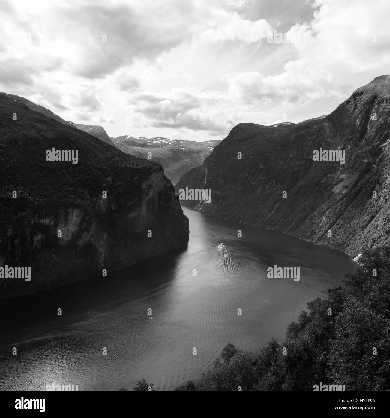 Fjord landscape with sea and boat Black and White Stock Photos & Images ...