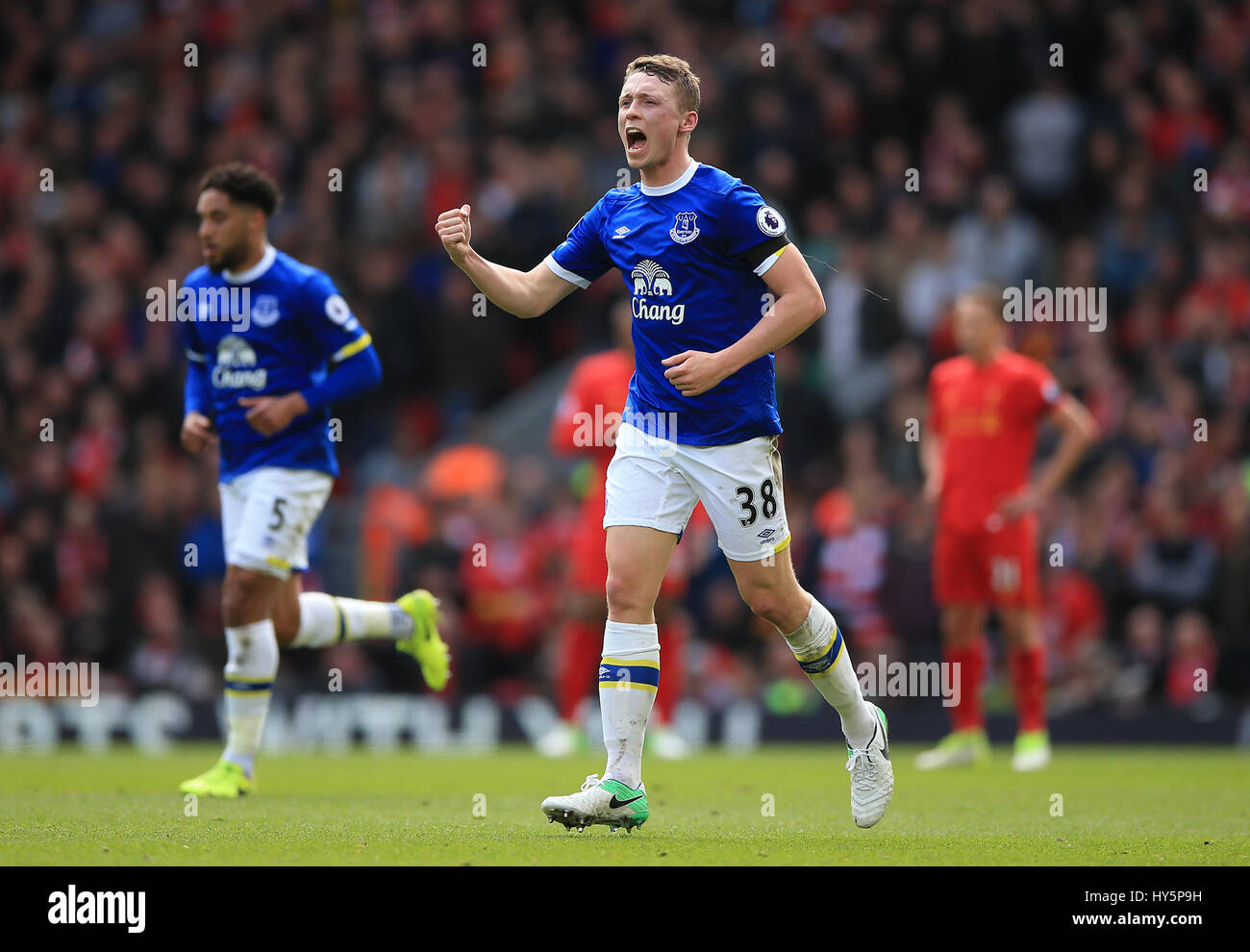 Everton's Matthew Pennington celebrates scoring his side's first goal ...