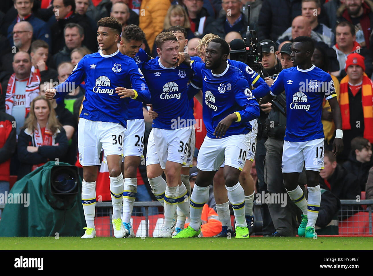 Everton's Matthew Pennington (38) celebrates scoring his side's first ...