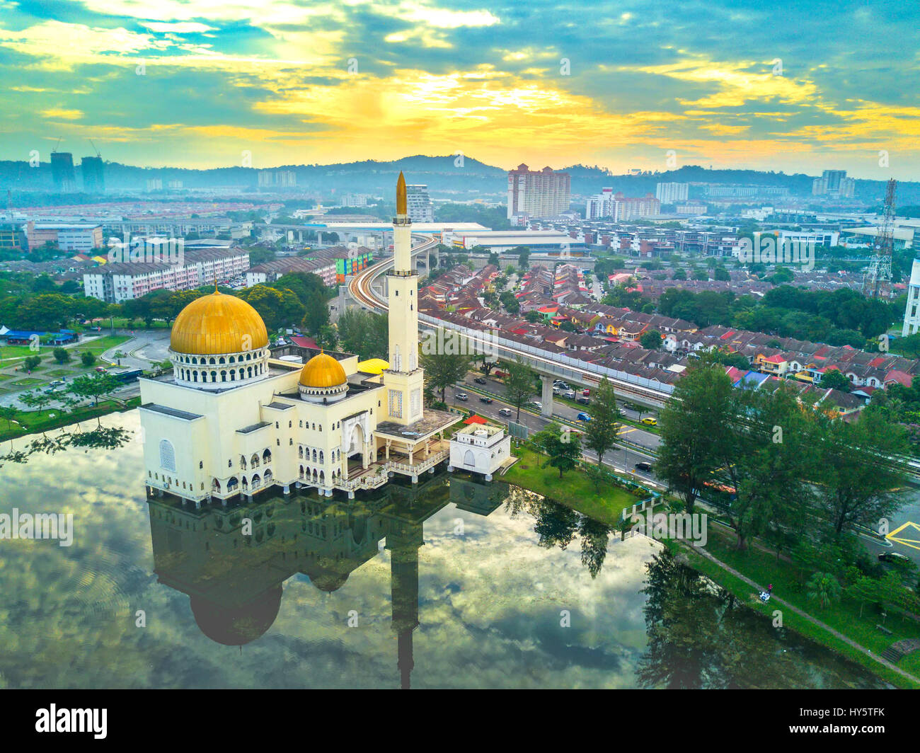 Aerial view of Puchong Mosque during sunrise moment at Selangor ...