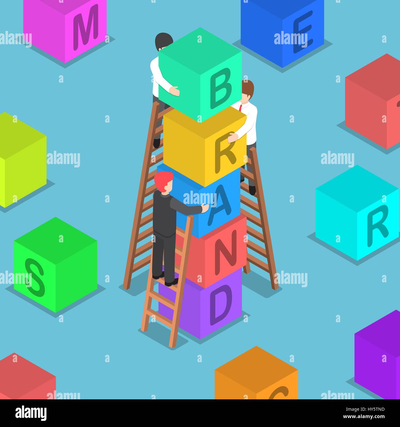 Flat 3d isometric businessman building BRAND block, brand building ...