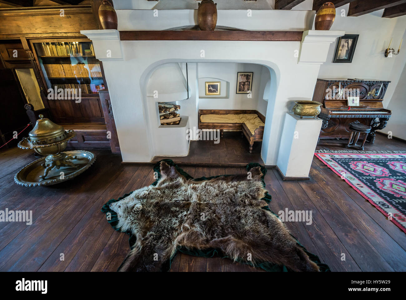 Fireplace in library and music room in Bran Castle, Romania called ...