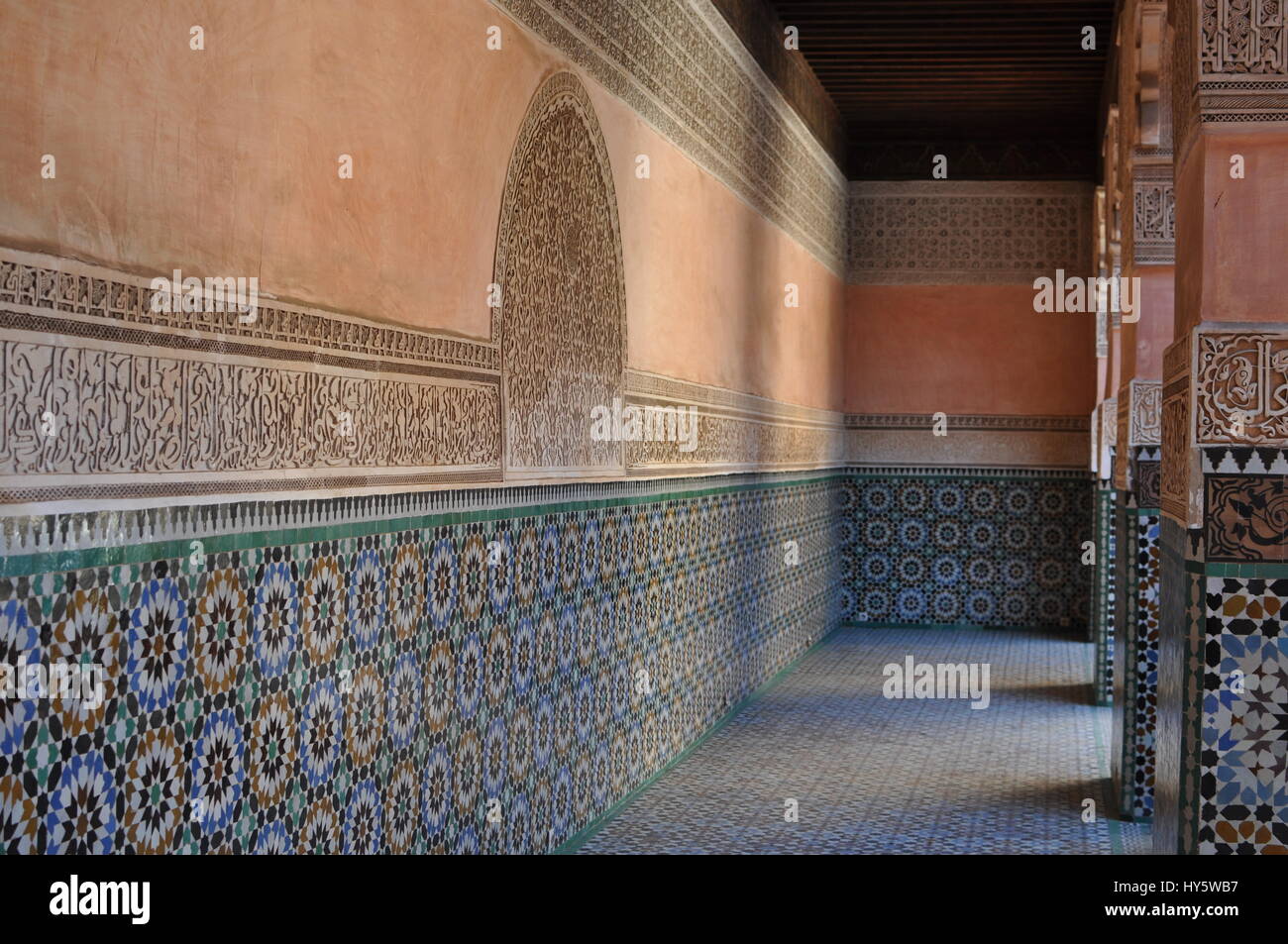 Zellij and arabic calligraphy corridor at Ben Youssef Madrasa ...