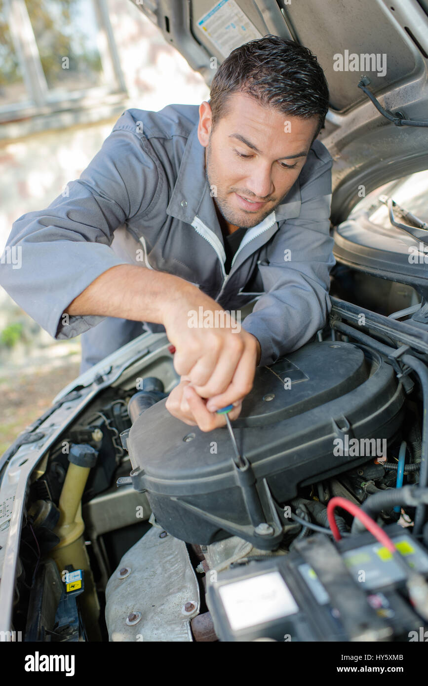 Mechanic checking engine levels Stock Photo - Alamy