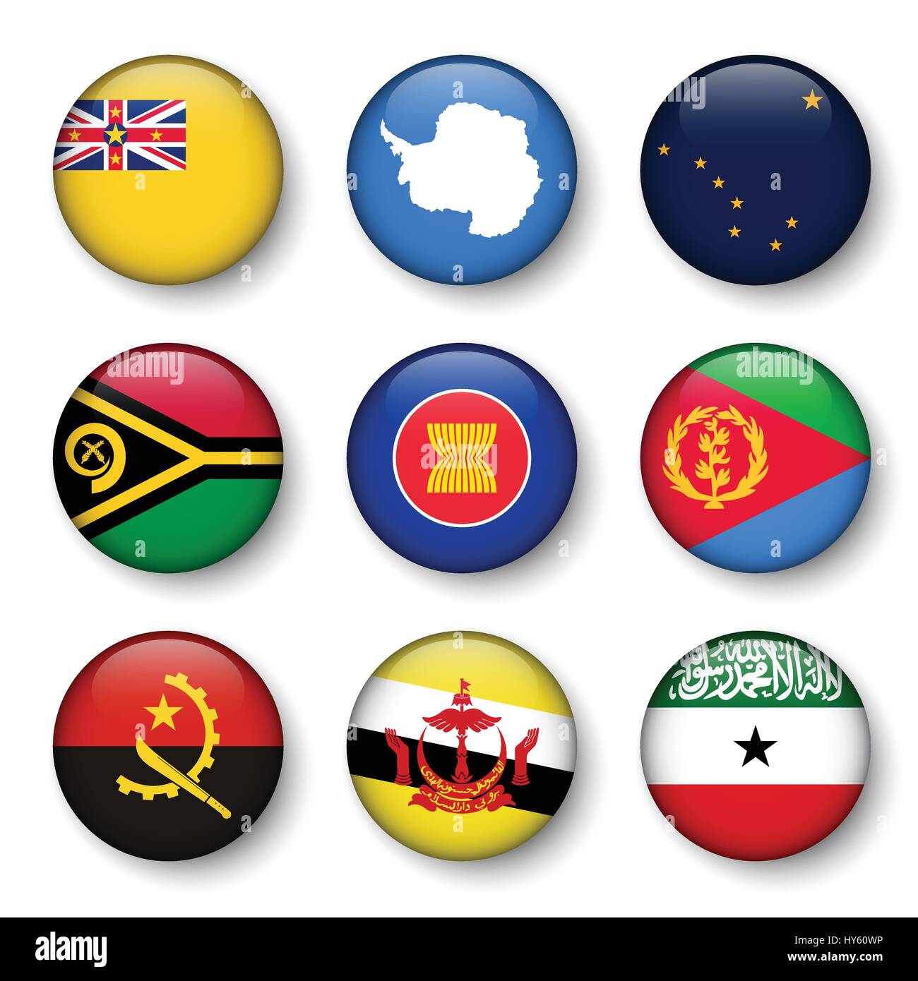 Set of world flags round badges ( Niue . Antarctica . Alaska . Vanuatu ...