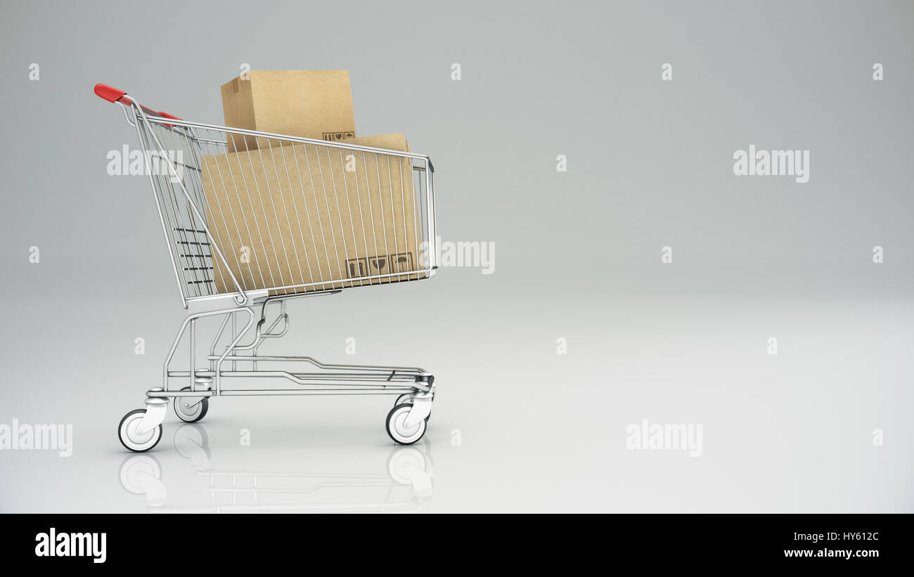 Shopping cart with parcel, 3d Stock Photo - Alamy