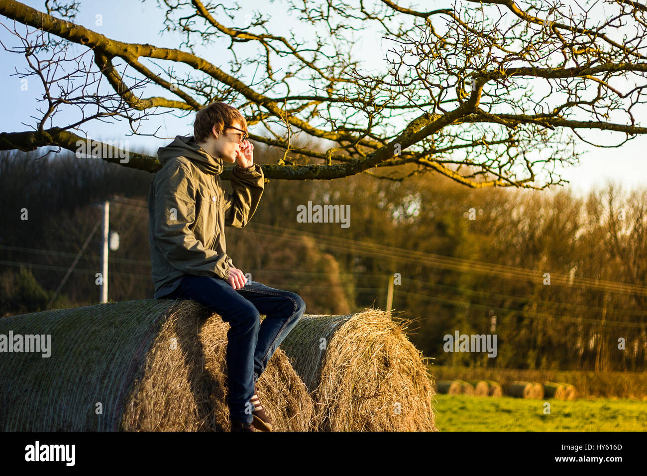portraits on a haystack at sunset Stock Photo - Alamy