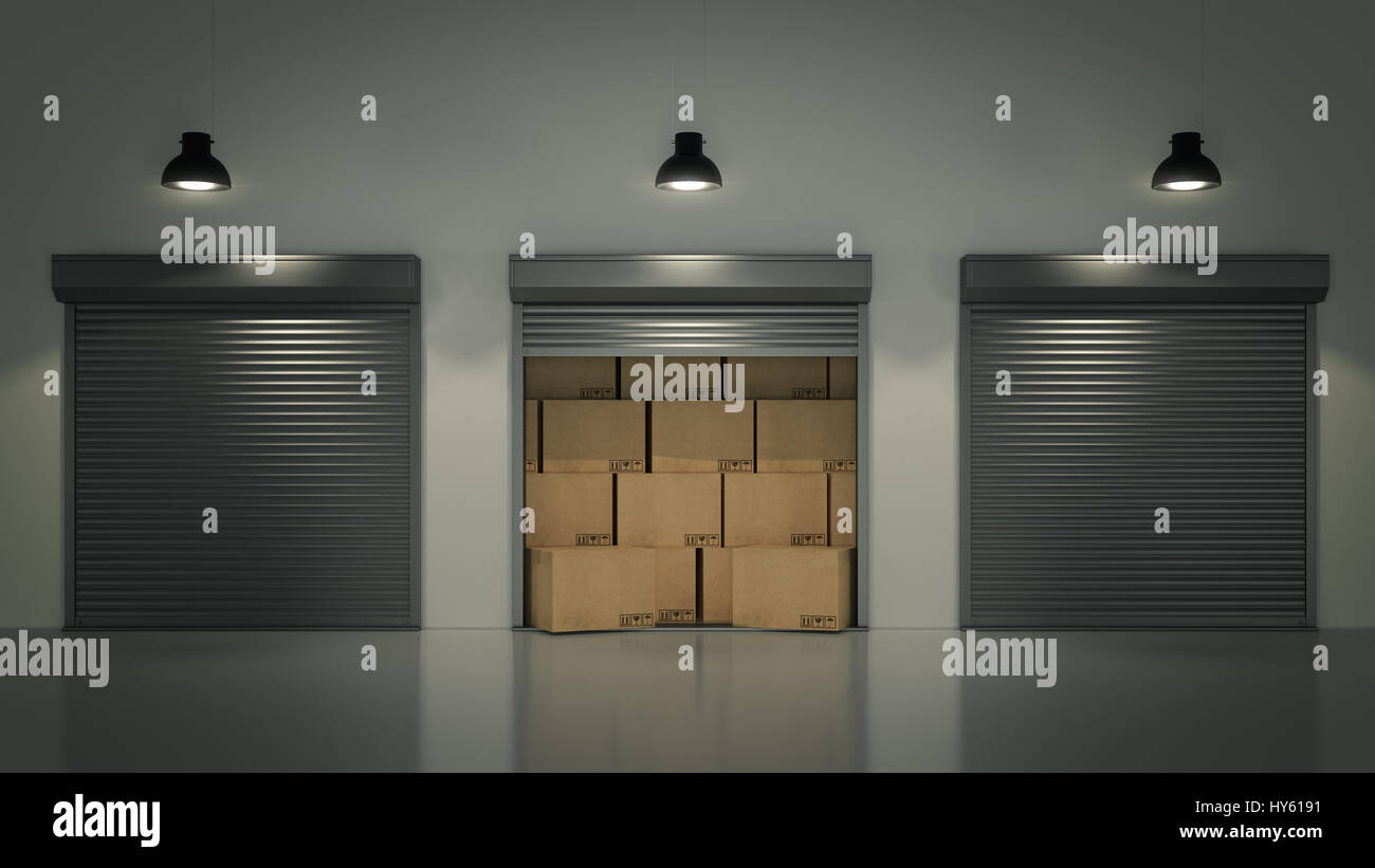 Shutter door or rolling door with cardboard boxes 3D Stock Photo - Alamy