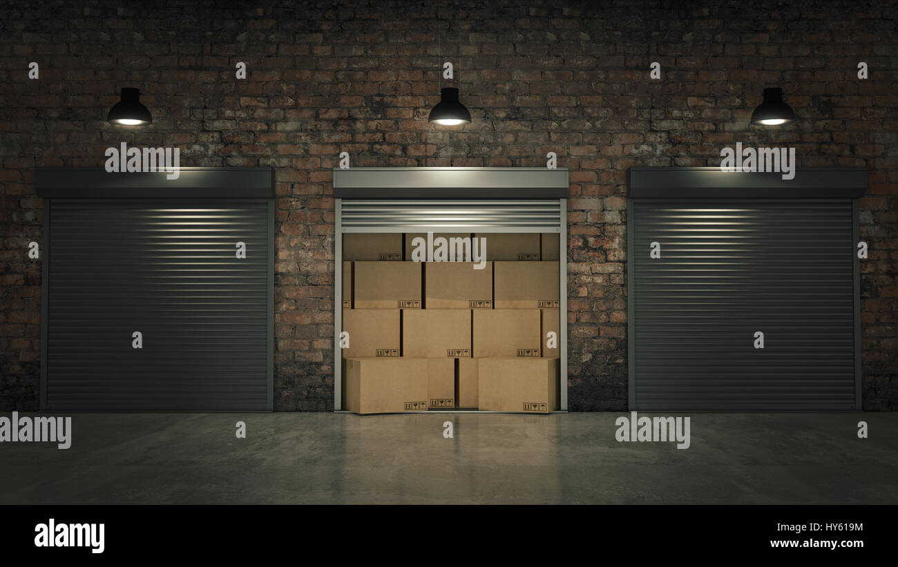 Shutter door or rolling door with cardboard boxes 3D Stock Photo - Alamy