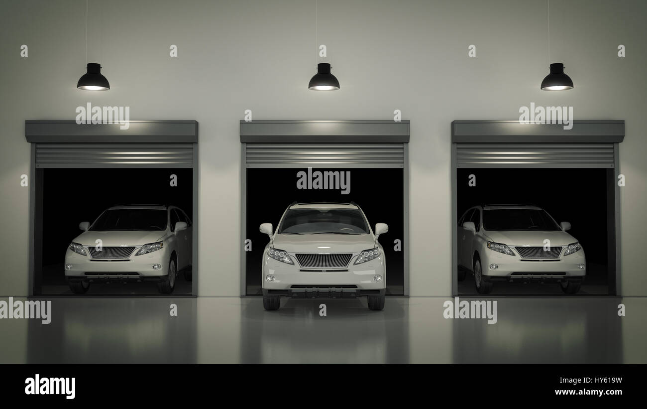 Garage with Opened Roller Door. 3D Rendering Stock Photo - Alamy