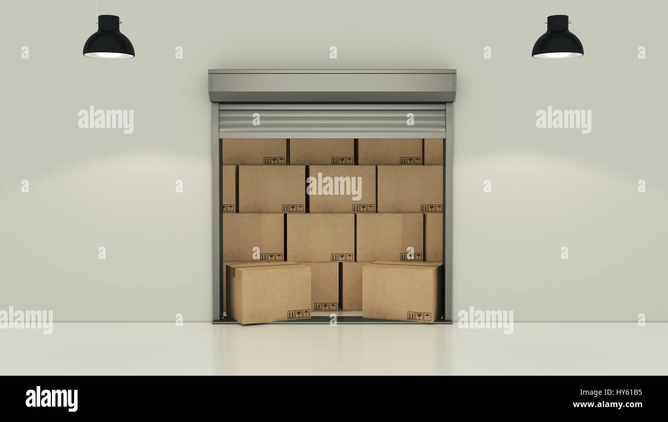 Shutter door or rolling door with cardboard boxes 3D Stock Photo - Alamy