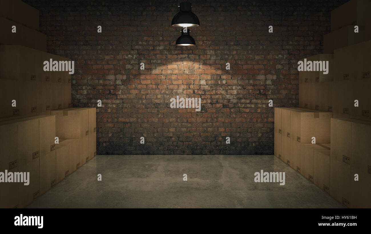 Boxes in empty room 3D Stock Photo - Alamy