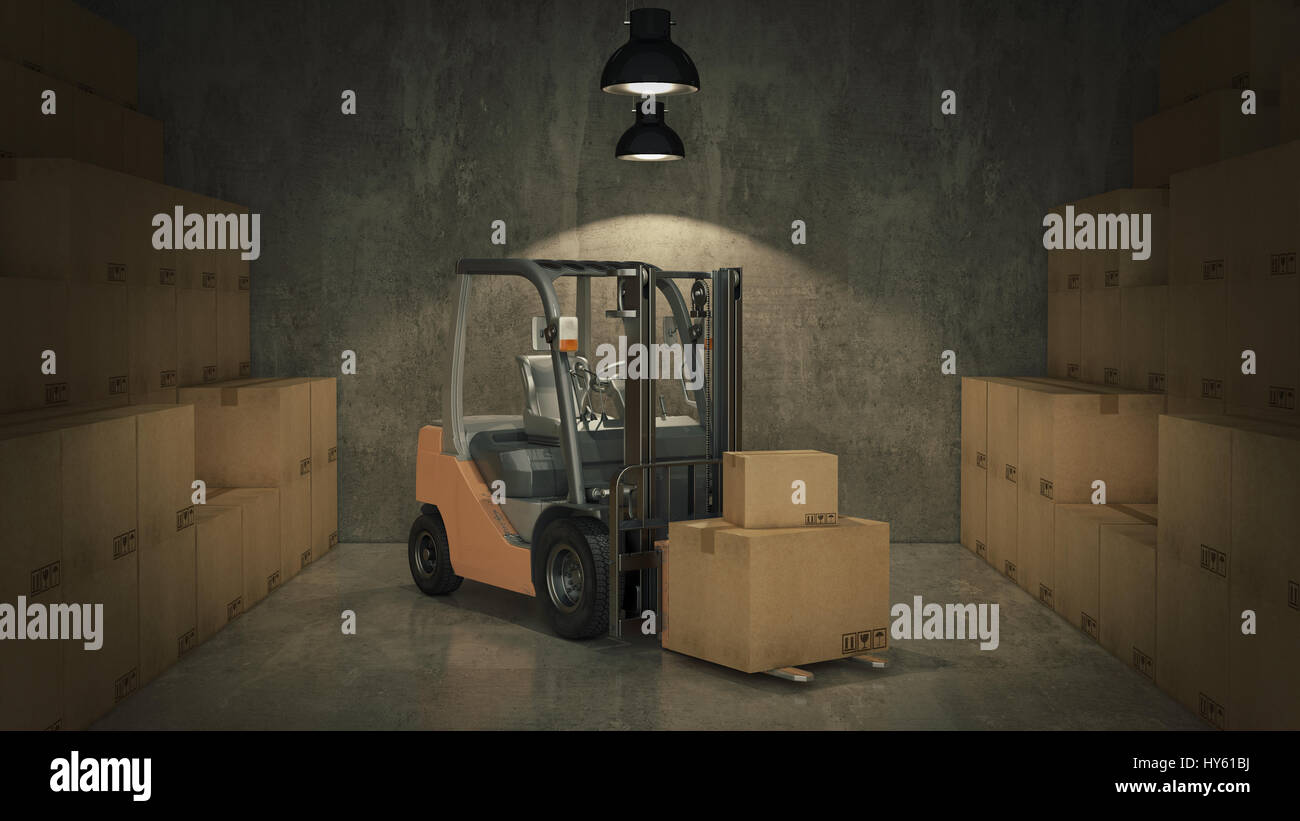 Forklift truck in warehouse or storage loading cardboard boxes. 3d ...