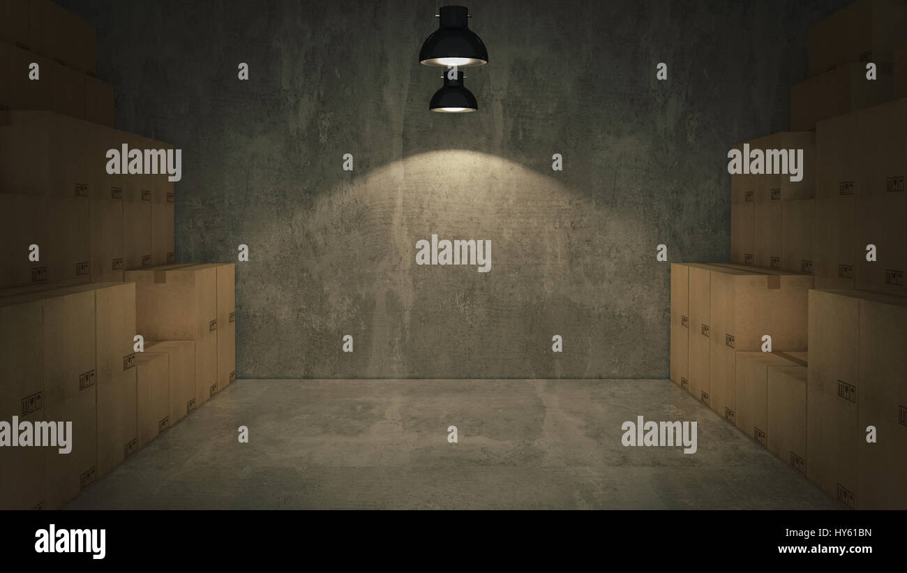 Boxes in empty room 3D Stock Photo - Alamy
