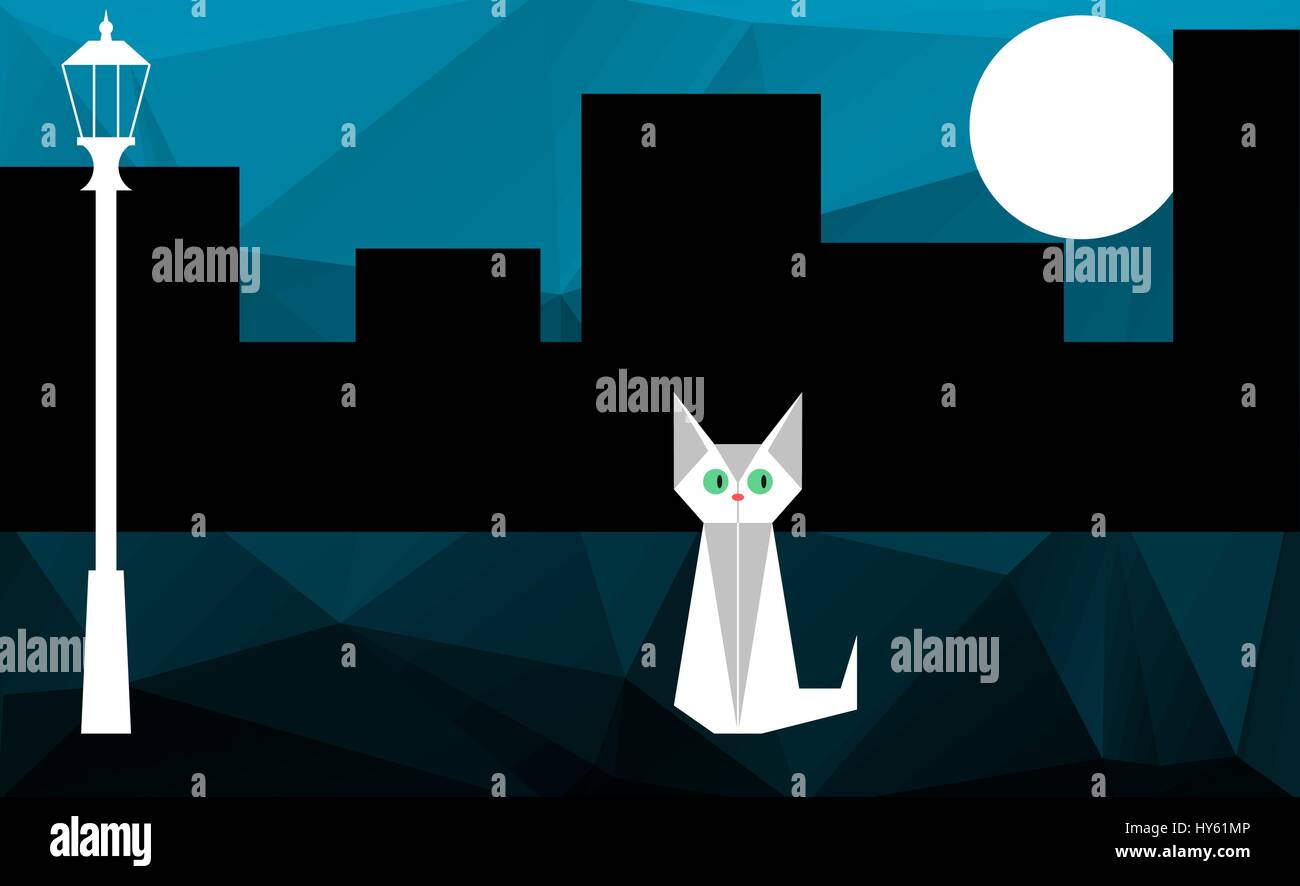 White cat in the city at night. Waiting for someone. Date. Origami ...