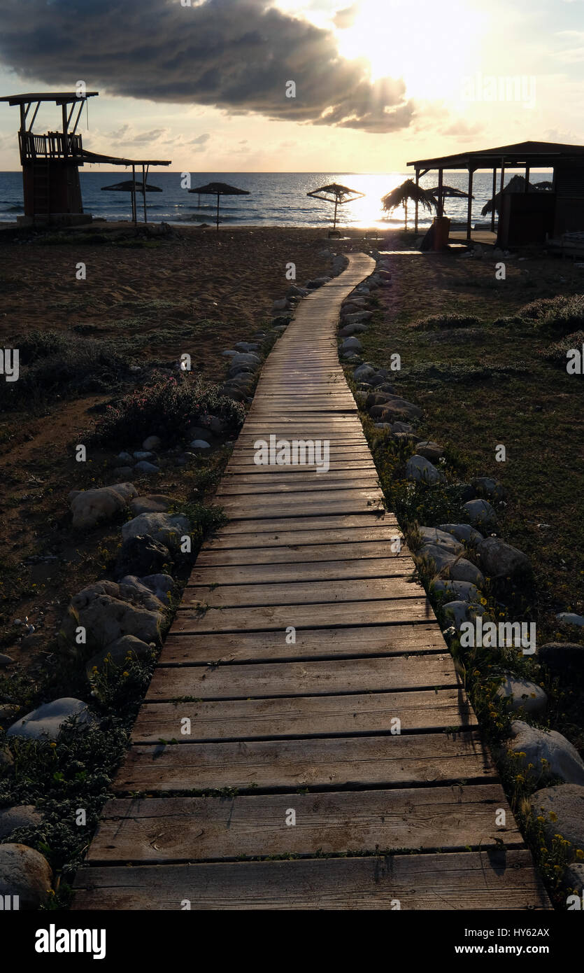 Boardwalk leads to the sea at Sandy Beach in Paphos Cyprus Stock Photo ...