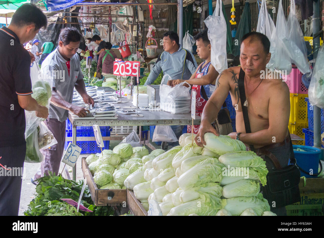Market stalls on Pak Khlong Talad market, Bangkok, Thailand Stock Photo ...