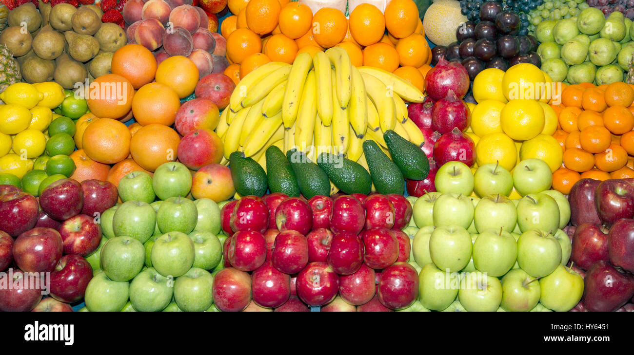Wide angle photo of many colorful fruits on farmers market stand Stock ...
