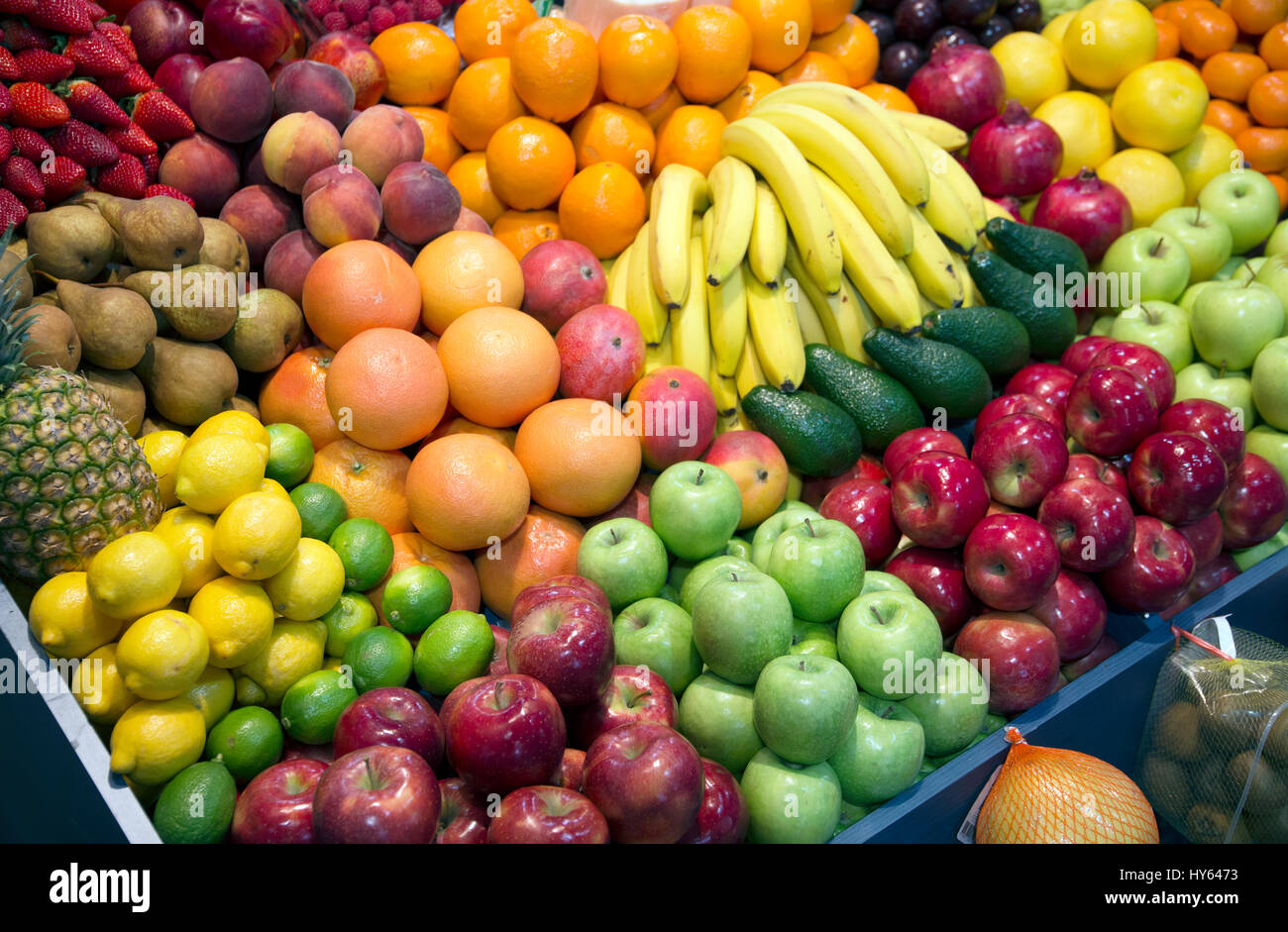 Ripe variety of fruits put on sale in the market. Set of freshly picked ...