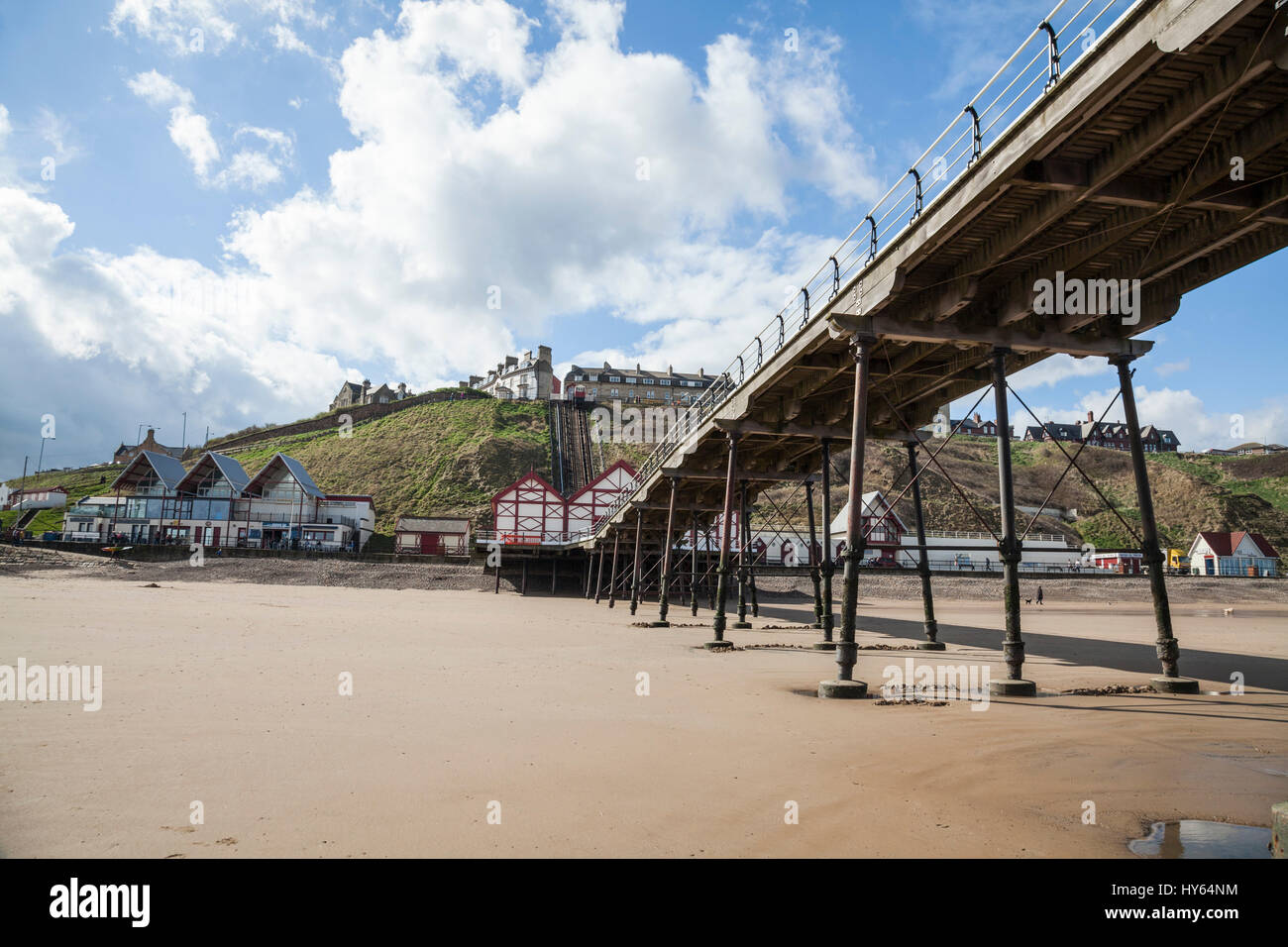 A view of the pier,beach and houses at Saltburn,England viewed from the ...