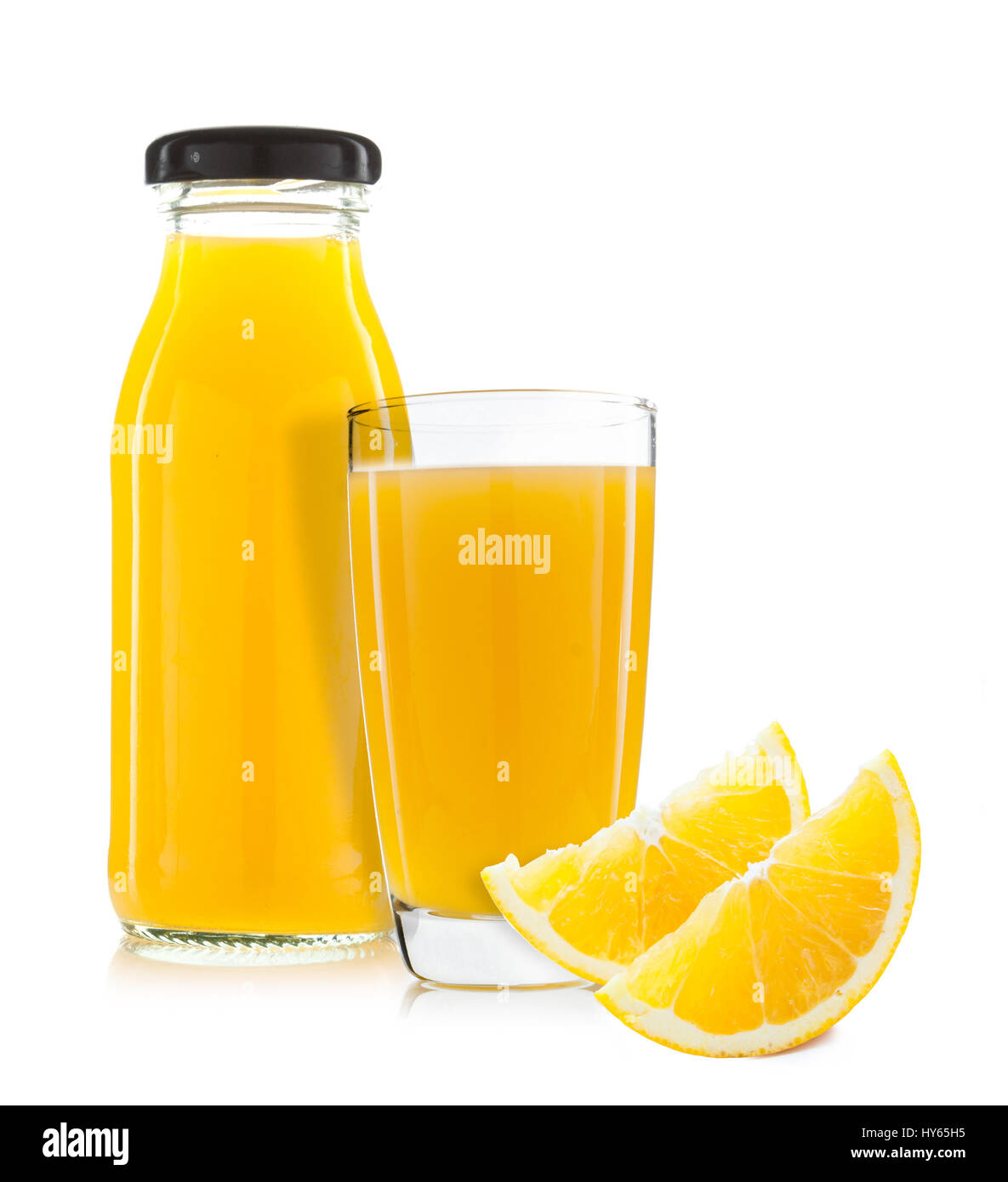 Orange juice bottle and slices of orange isolated on white Stock Photo ...
