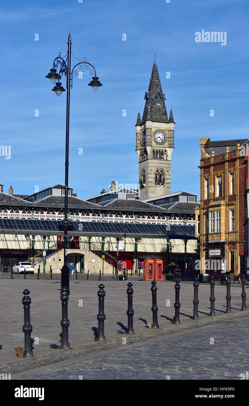 Darlington centre, with the clock tower designed by Alfred Waterhouse ...