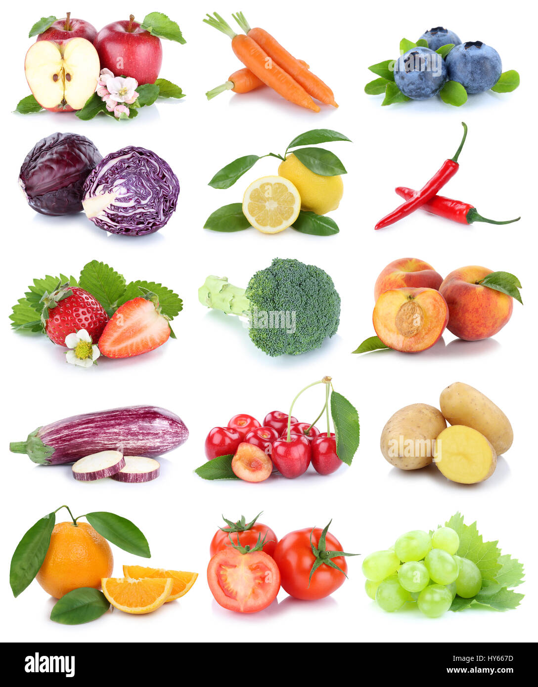 Fruits and vegetables collection isolated apple orange grapes cherries ...
