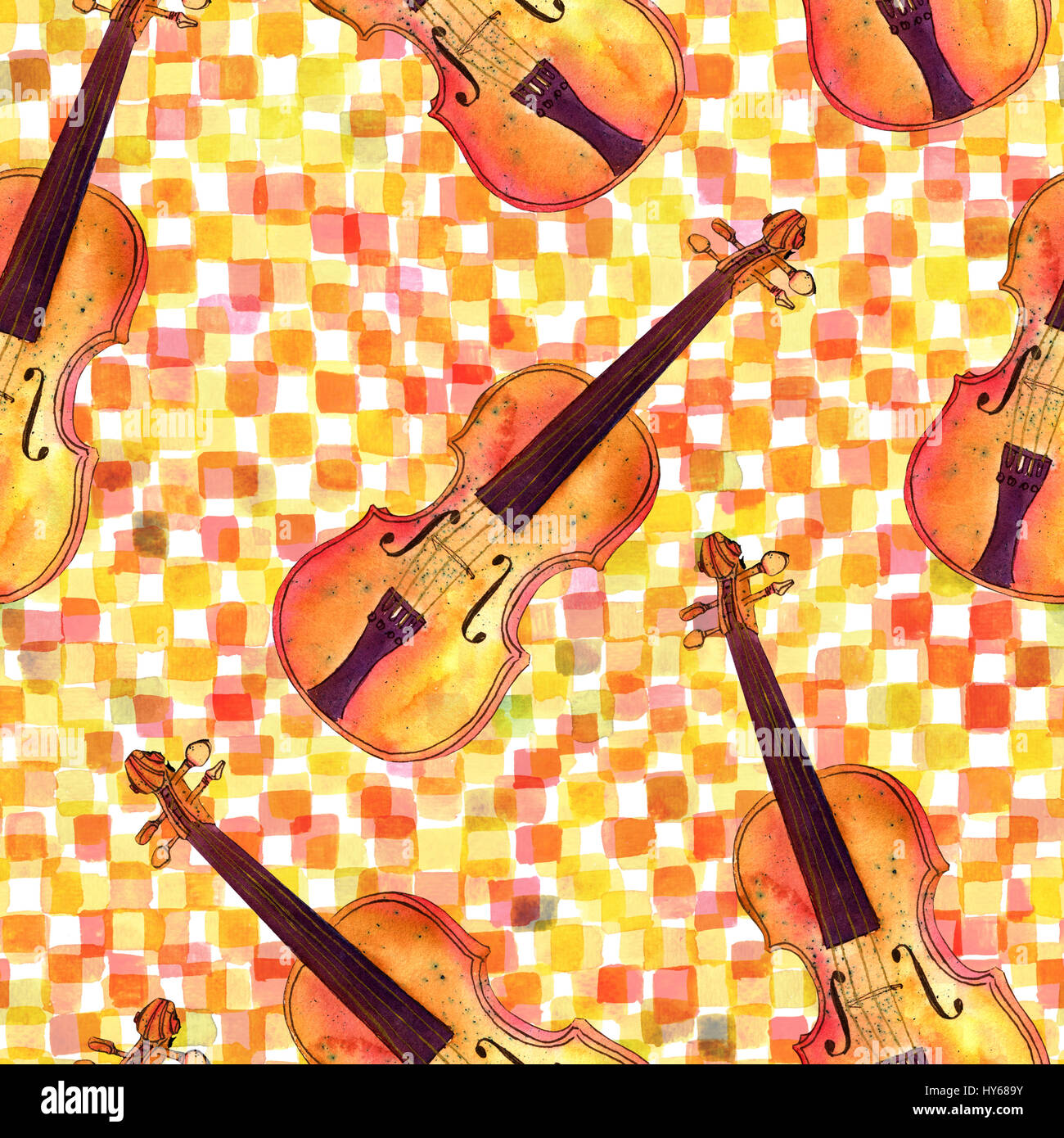 A seamless pattern with hand drawn violins on a checkered watercolor ...