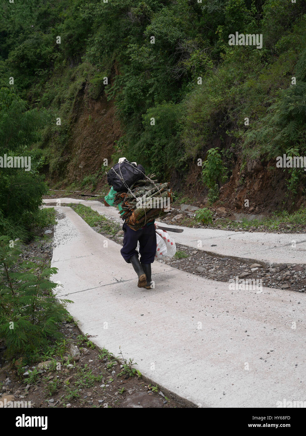 Local poor people in Guatemala carrying wood on their back in mountains ...