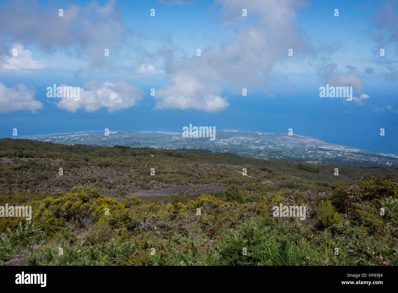 French Overseas Territory, Reunion Island. Overview of the coastal town ...
