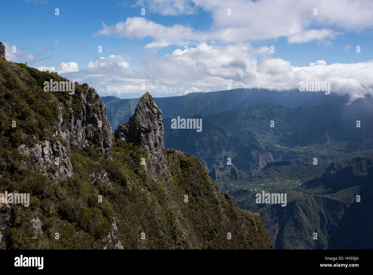 French Overseas Territory, Reunion Island. Scenic overlook into the ...