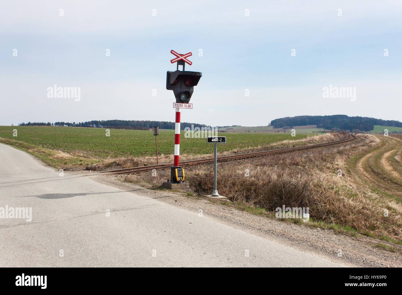 Railway crossing in the Czech Republic. Road crossing over the tracks ...