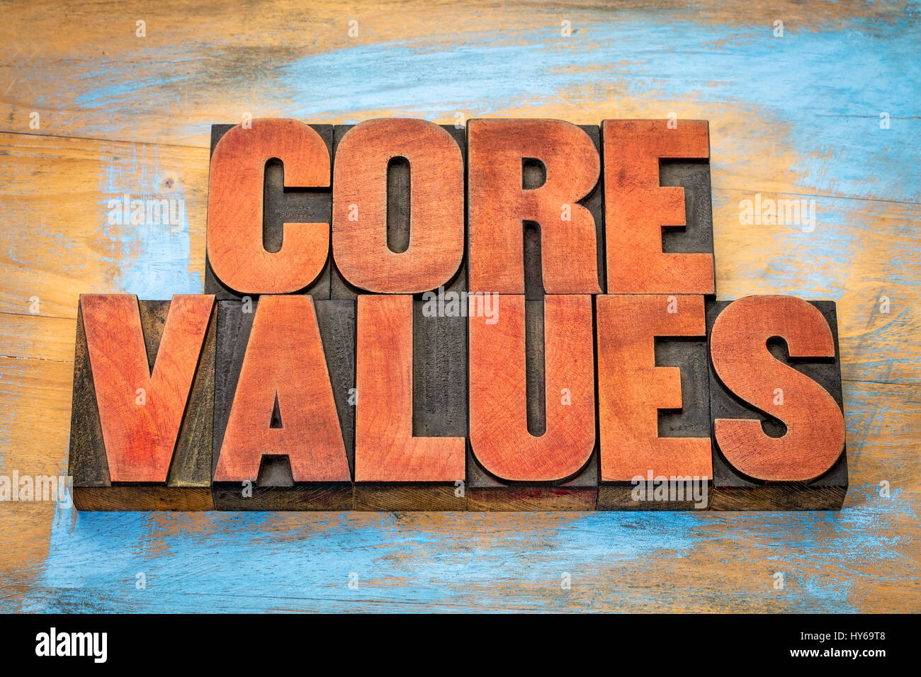 core values banner - word abstract in vintage letterpress wood type ...