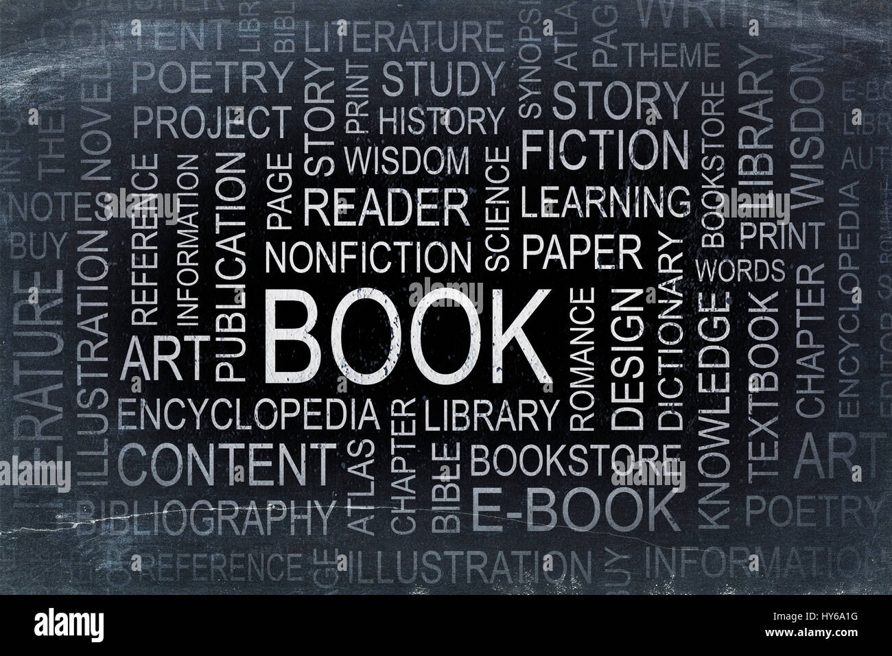 book, story and literature word cloud - white chalk text on a slate ...